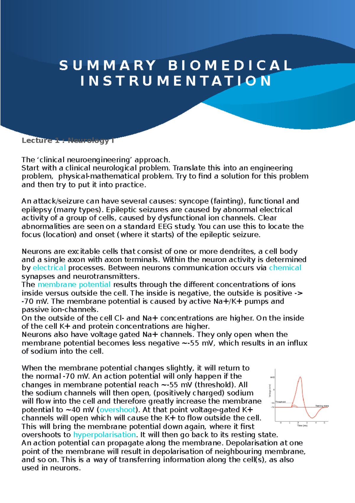 Summary Biomedical Instrumentation - Lecture 1 : Neurology I The ...