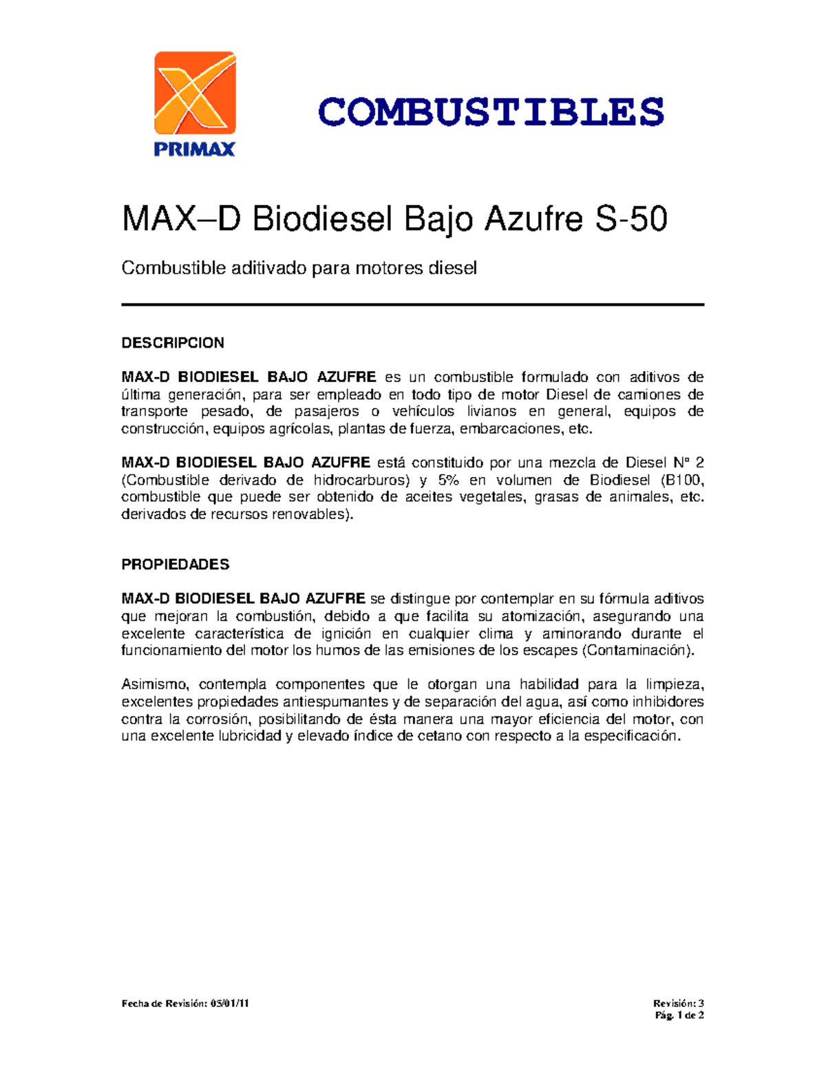 Ficha Tecnica Primax - COMBUSTIBLES Fecha de Revisión: 05/01/11 ...
