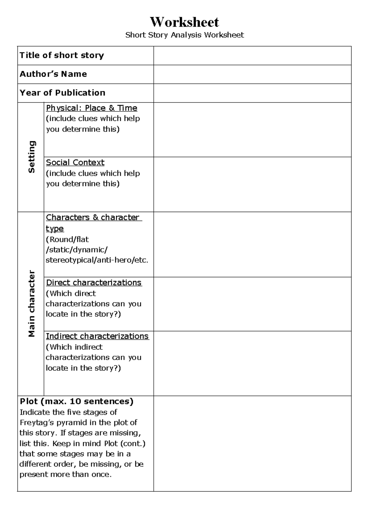 Empty Worksheet - erer - Worksheet Short Story Analysis Worksheet Title ...