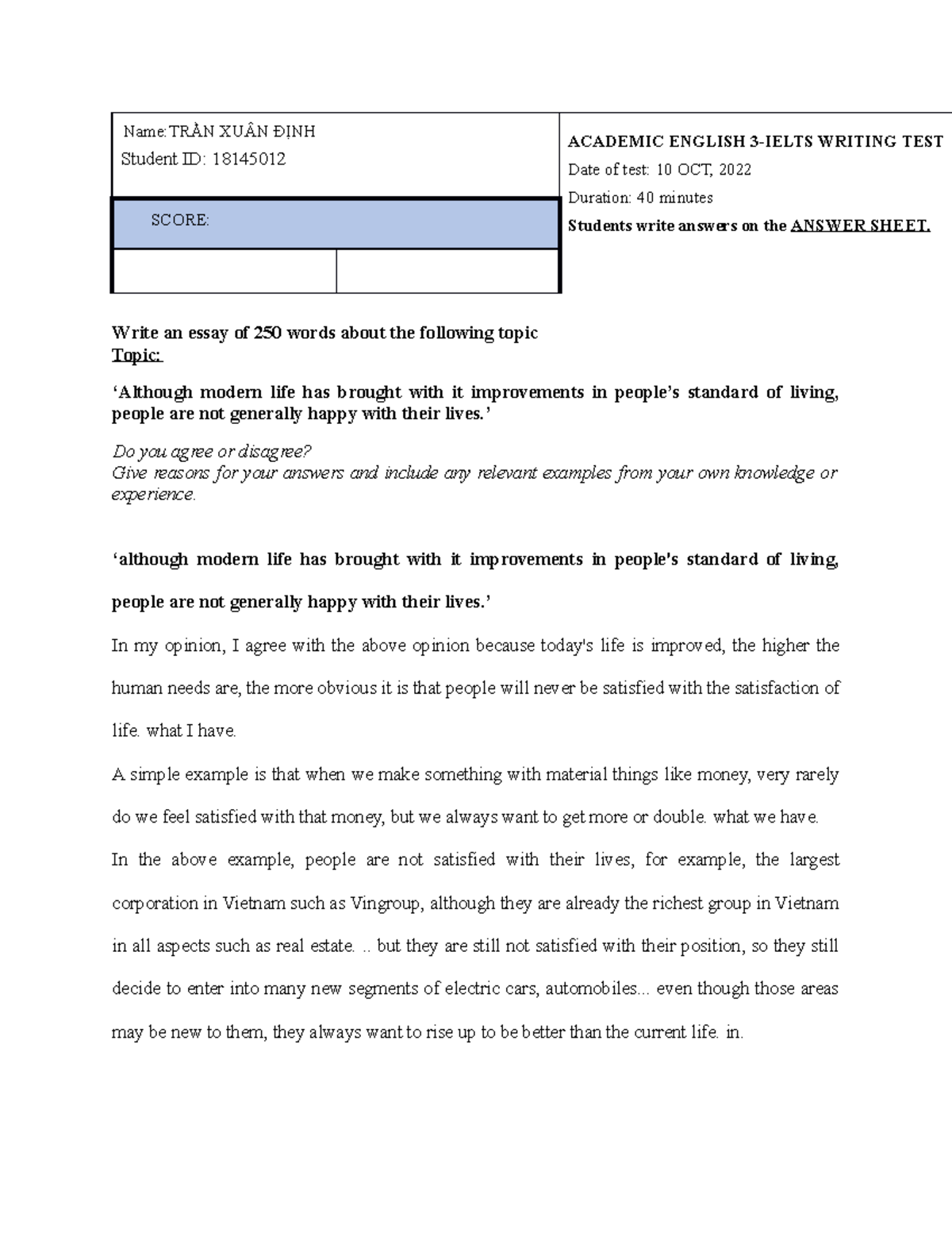 Writing Booklet Answer Sheet - Name:TRẦN XUÂN ĐỊNH Student ID: 18145012 ...