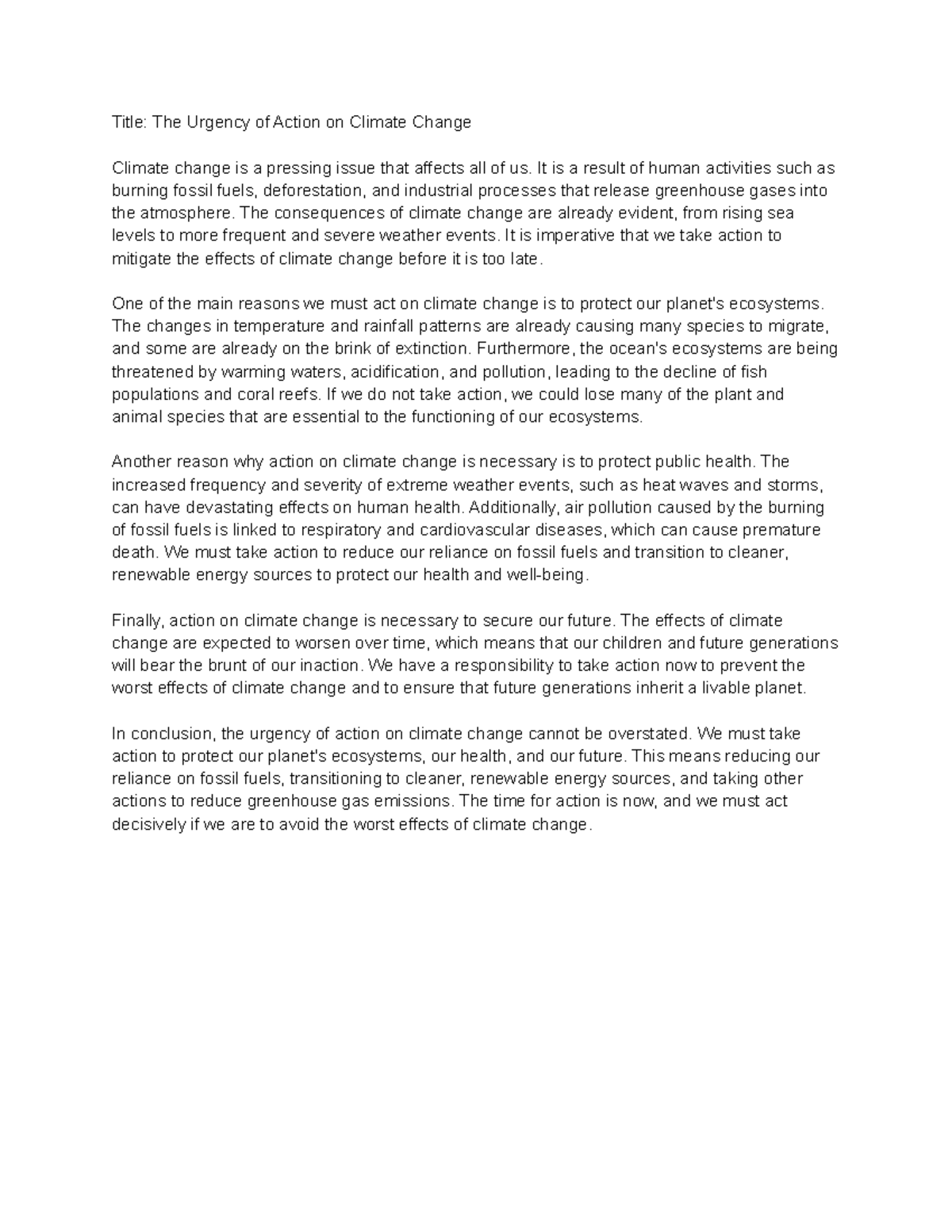 An example of an argumentative essay - Title: The Urgency of Action on ...