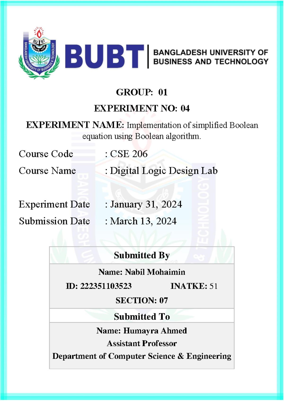 Lab Report 4 - GROUP: 01 EXPERIMENT NO: 04 EXPERIMENT NAME: Implementation of simplified Boolean ...