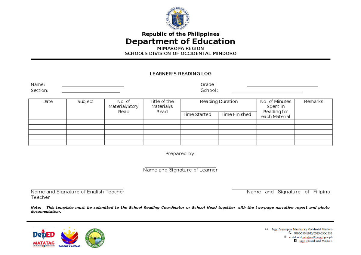Learners- Reading-LOG - Republic of the Philippines Department of ...