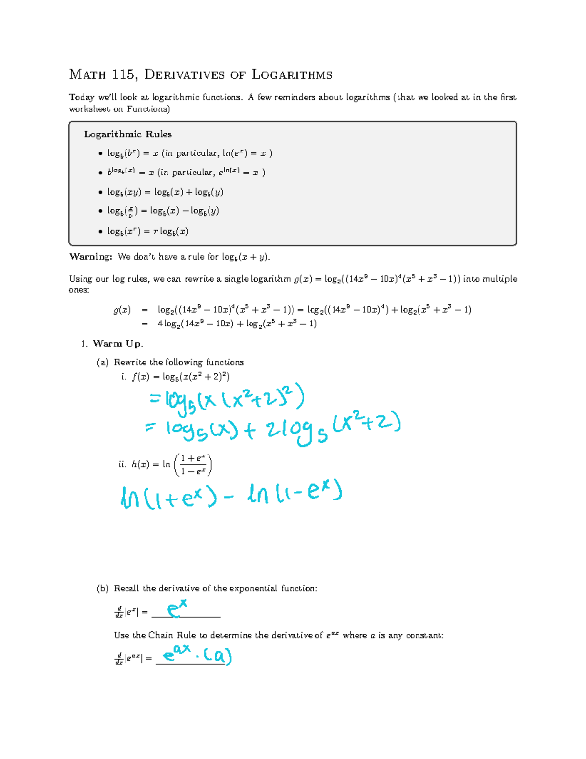 Deriv Of Logs Worksheet - Math 115, Derivatives of Logarithms Today we ...