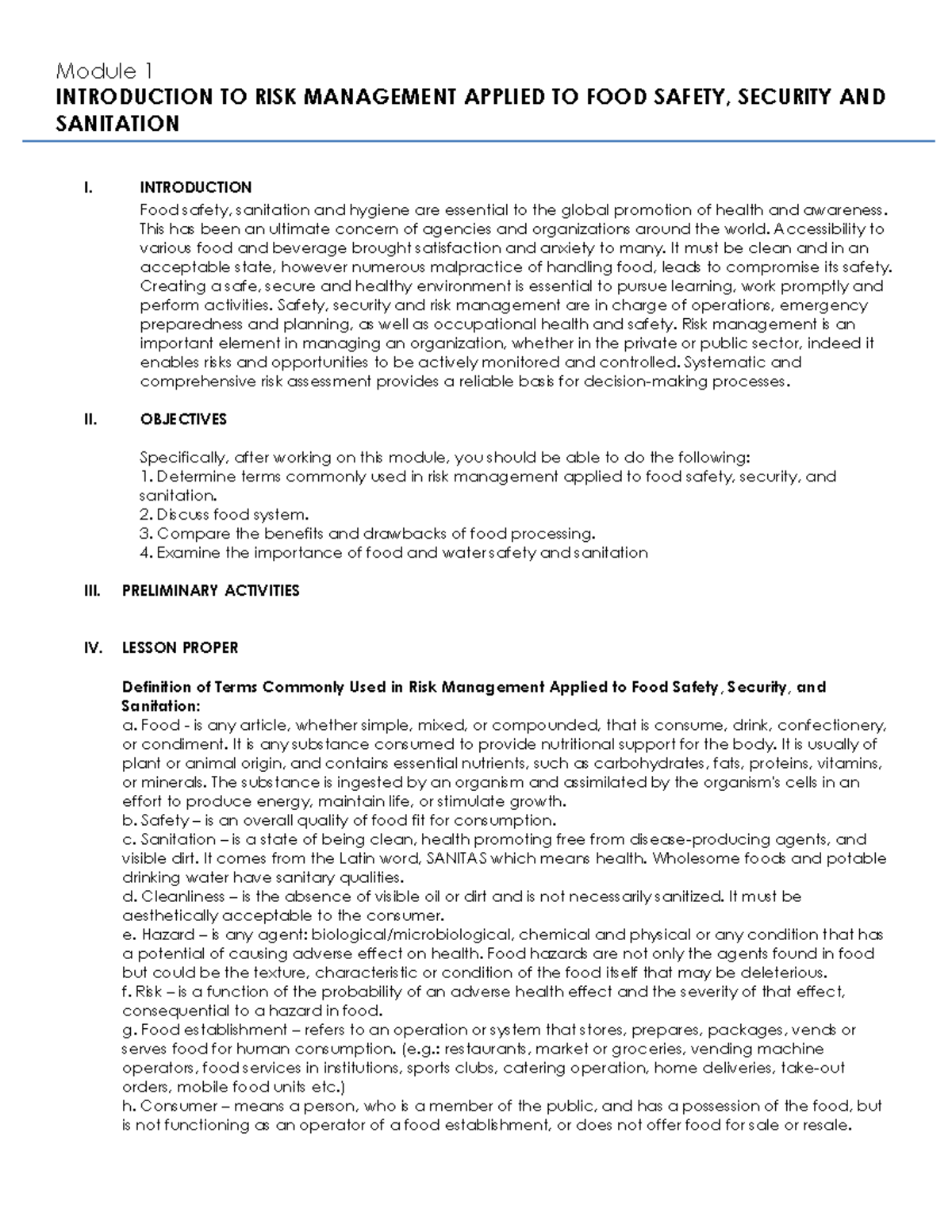 INTRODUCTION TO RISK MANAGEMENT APPLIED TO FOOD SAFETY, SECURITY AND ...