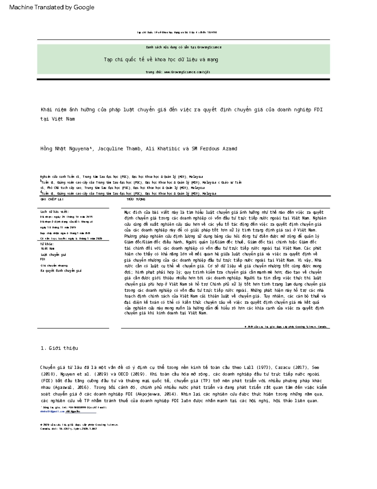 Ijdns 2020 2 - NCKH - Hồng Nhật Nguyena*, Jacquline Thamb, Ali Khatibic ...