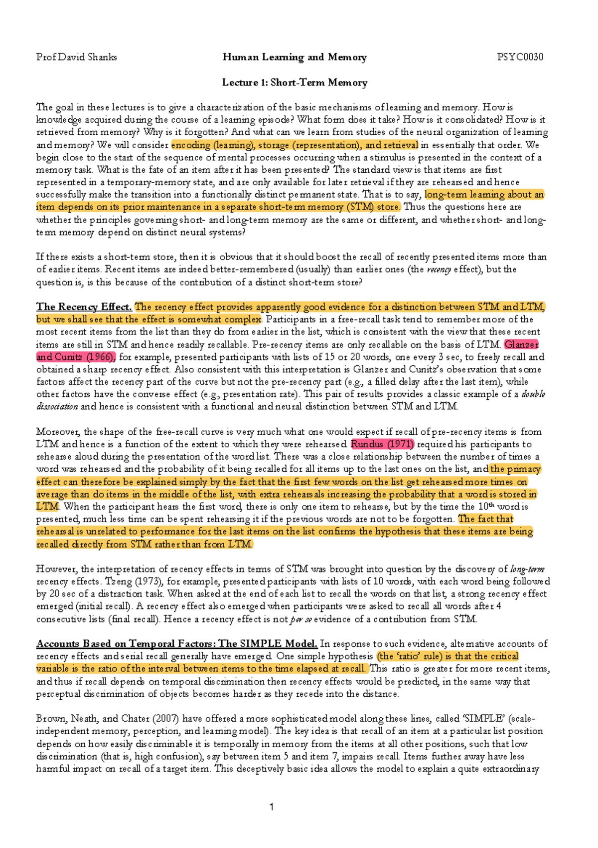 Lecture 1 Notes 1 Prof David Shanks Human Learning And Memory Psyc Lecture 1 Short Term