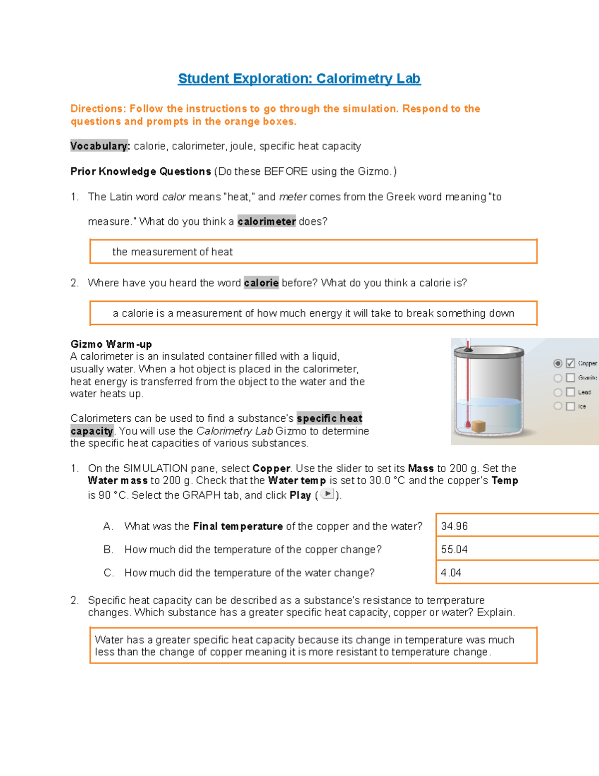 Student Exploration Calorimetry Lab - Student Exploration: Calorimetry ...