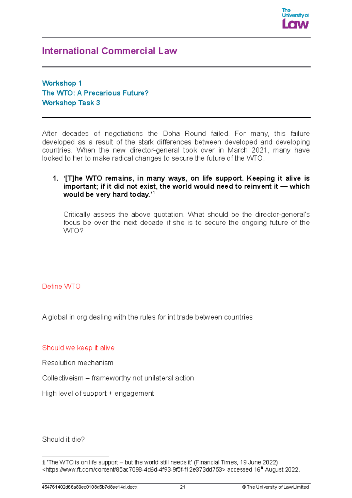 ICL WS2 Task 3 - THE WTO - international commercial law workshop task 3 - International ...