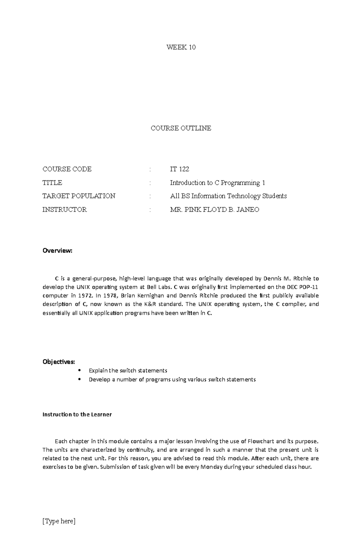 Week 10 Lecture Notes 1 Week 10 Course Outline Course Code It 122