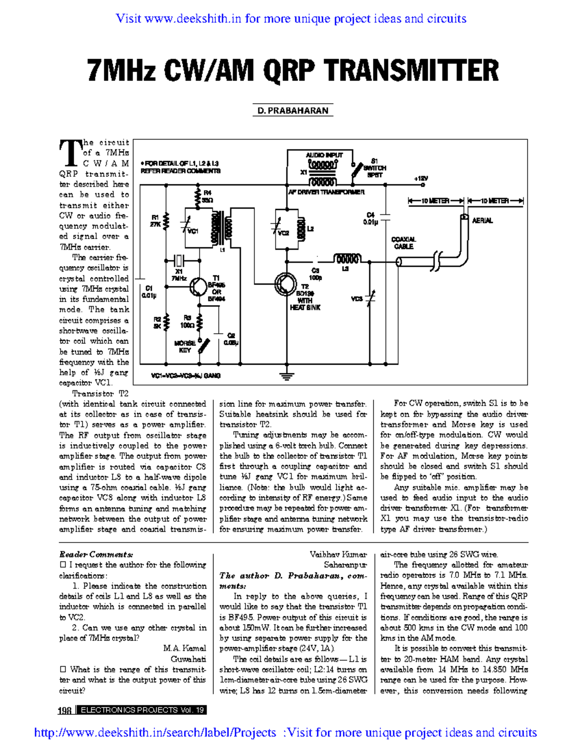 7MHz CW AM QRP Transmitter - 198 ELECTRONICS PROJECTS Vol. 19 T h e c i ...