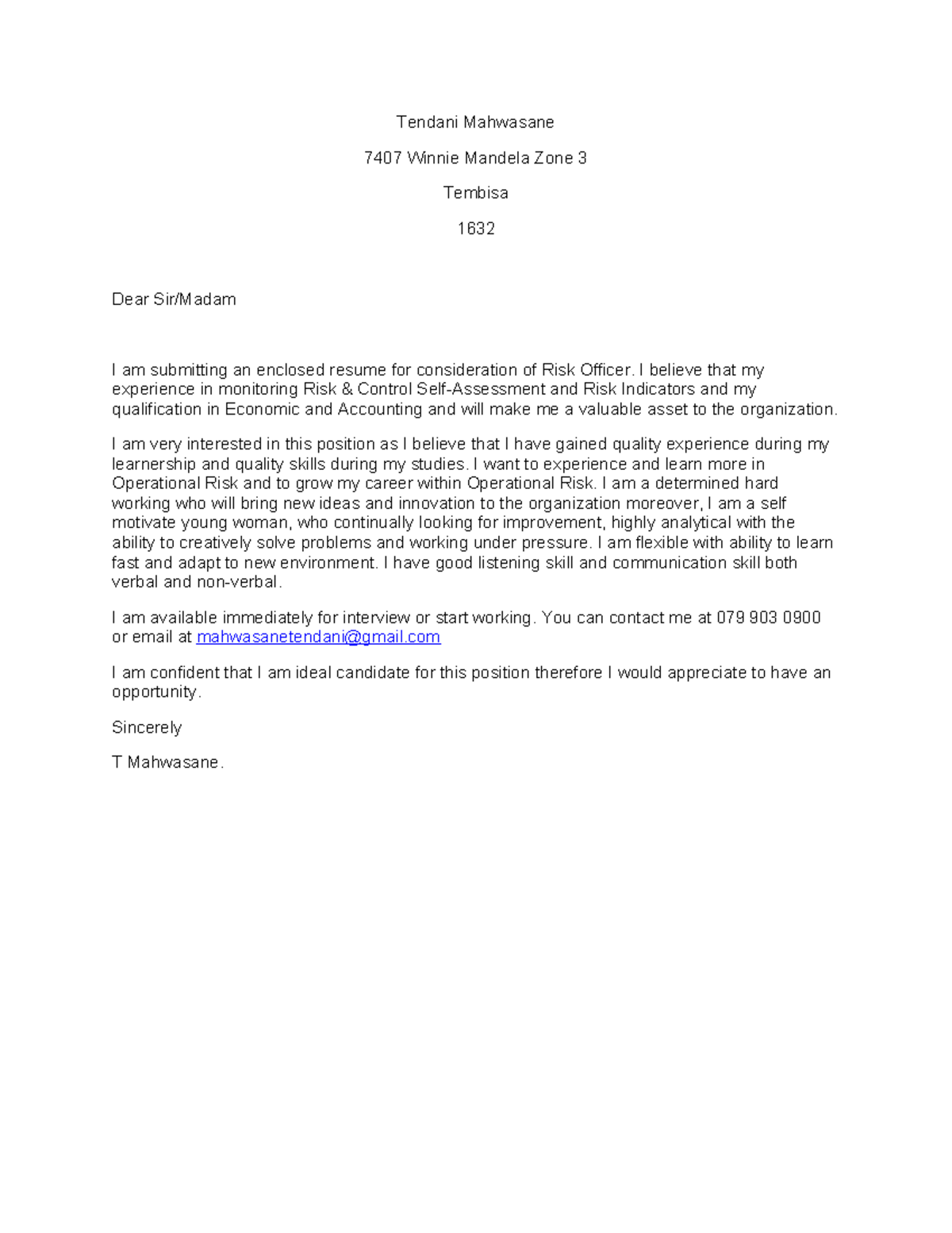 Cover letter - Ghhjj - Tendani Mahwasane 7407 Winnie Mandela Zone 3 ...