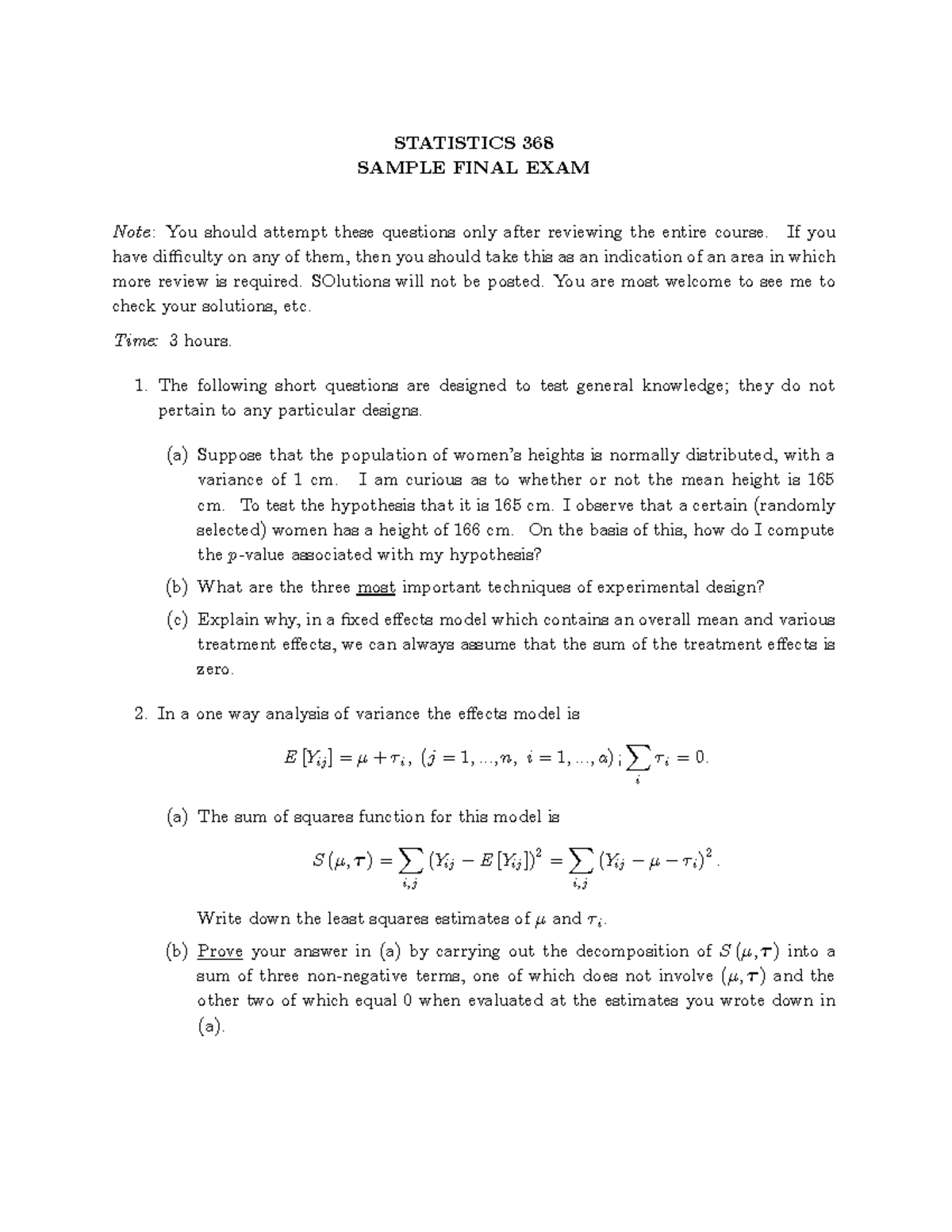 368samplefinal - STATISTICS 368 SAMPLE FINAL EXAM Note: You should ...