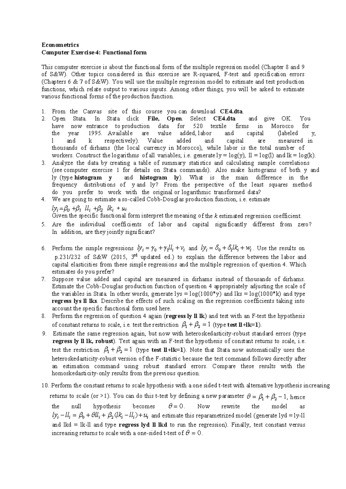 Ce4 Computer Exercises Week 4 Econometrics Computer Exercise 4 Functional Form This