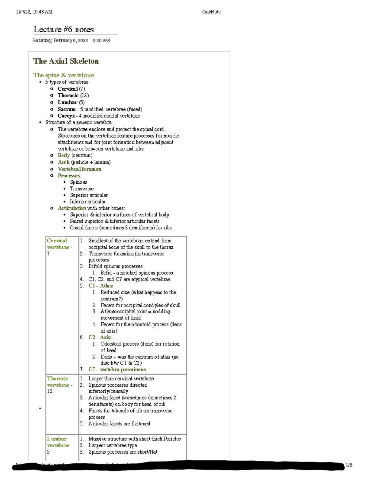 Anatomy lecture #6 notes - 11/7/22, 10:43 AM OneNote - Studocu