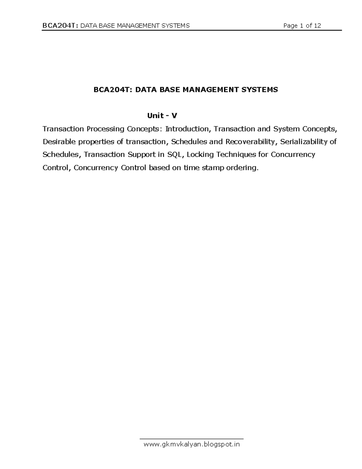 Unit Iv Dbms Data Base Management System Bca204t Data Base Management Systems Unit V
