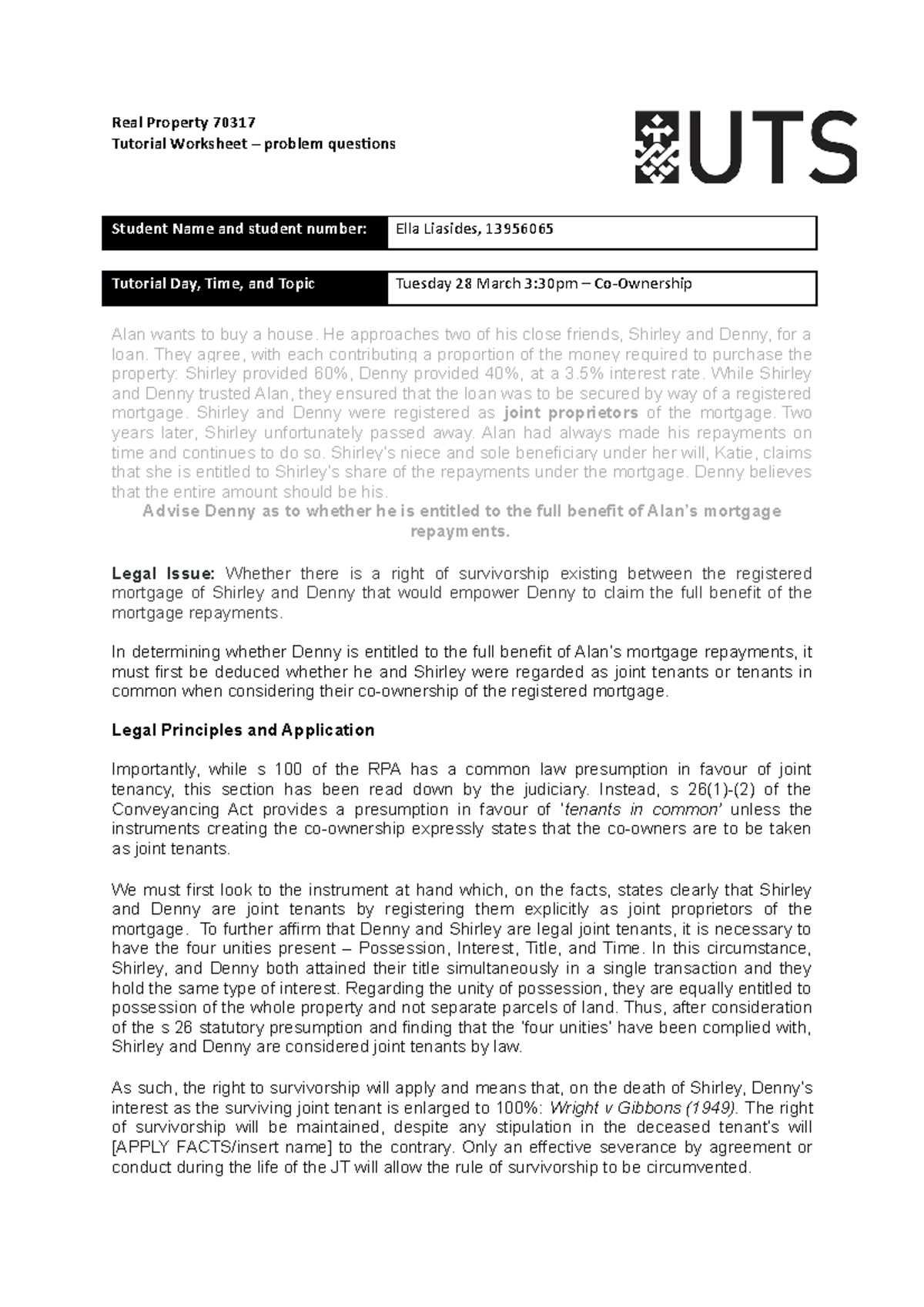 Week 5 Worksheet - Real Property 70317 Tutorial Worksheet – problem ...