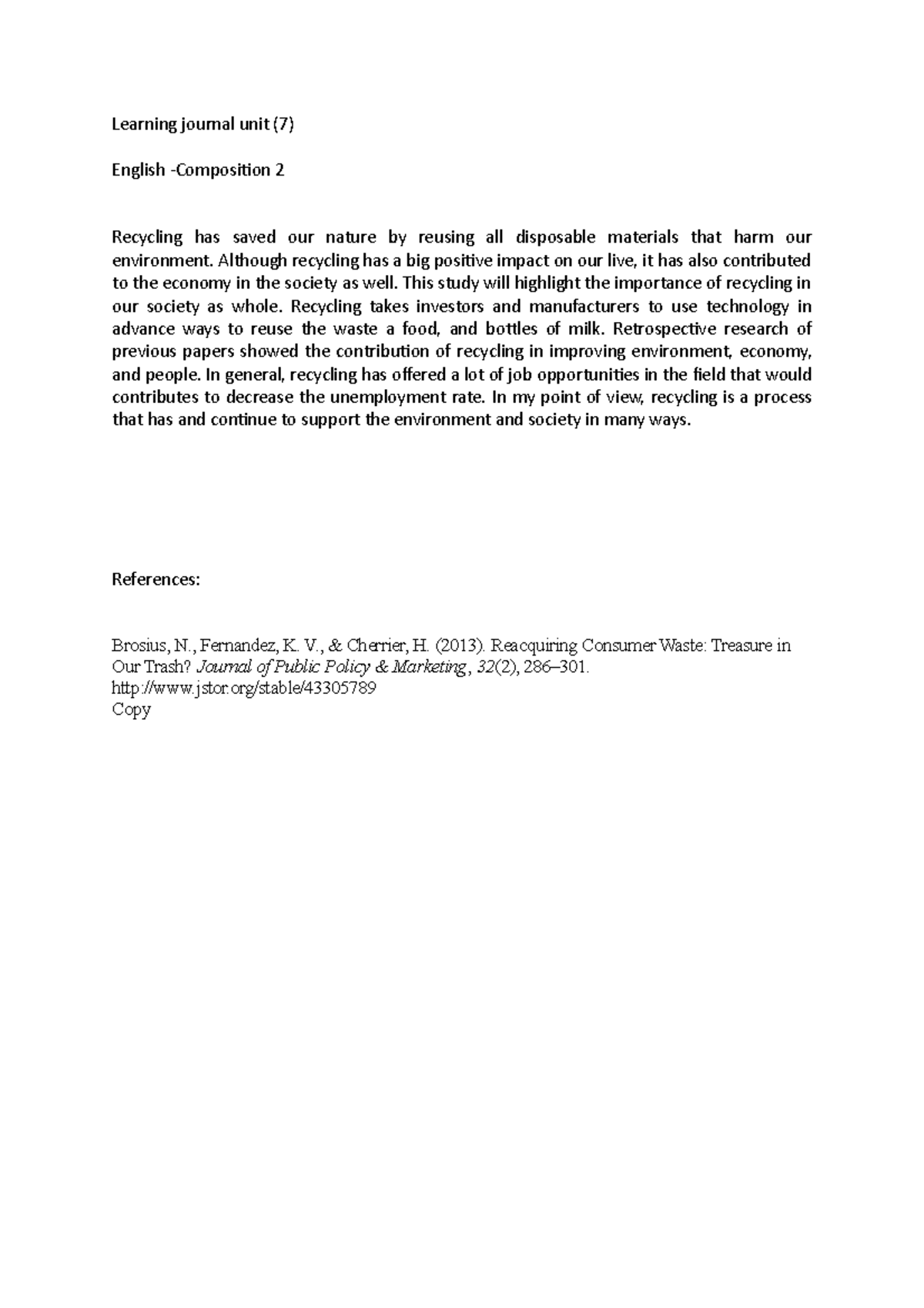 English Compostion 2 -learning journal unit 7 - ENGL1102 - UoPeople ...