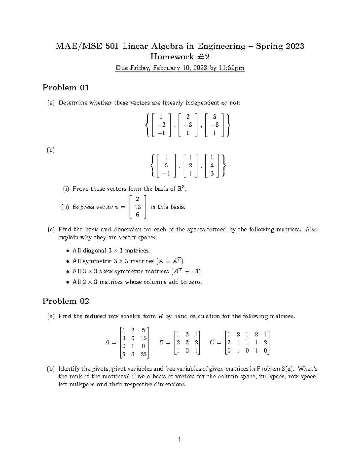 HW2 MAE501 S23 - HW2 - MAE/MSE 501 Linear Algebra in Engineering – Spring 2023 Homework Due ...