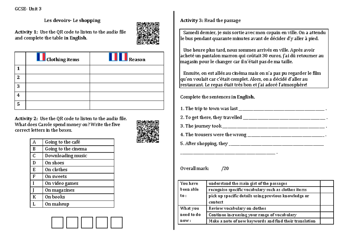 Homework- Worksheet - tut work - GCSE- Unit 3 Les devoirs- Le shopping ...