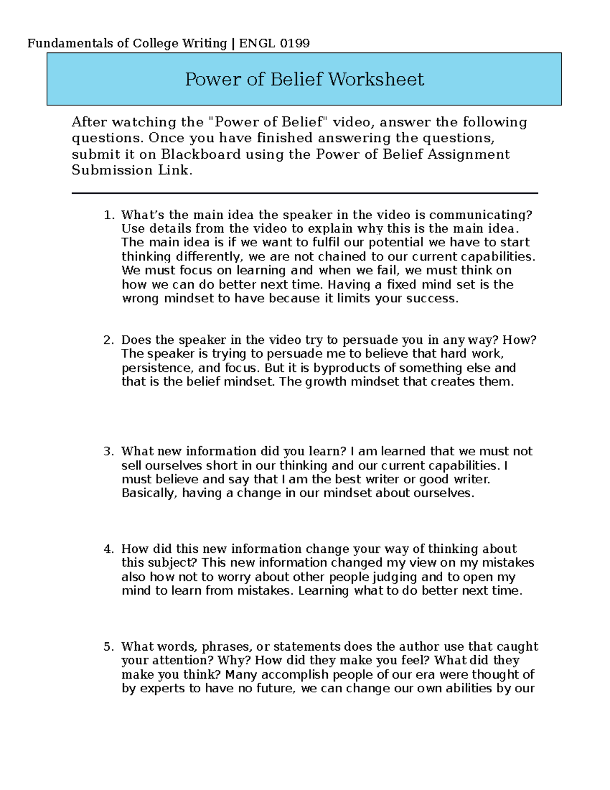 Fundamentals of College Writing Power of Belief Worksheet ...