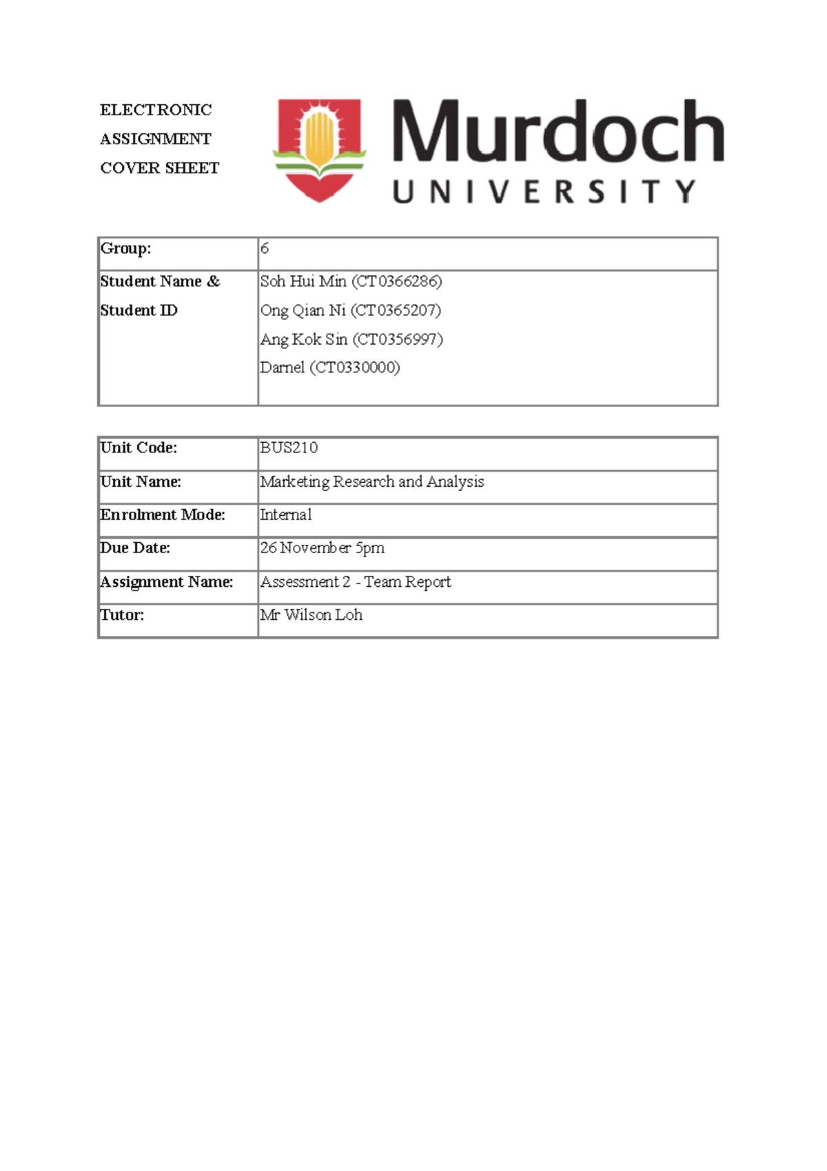 BUS210 Group Assignment - ELECTRONIC ASSIGNMENT COVER SHEET Group: 6 Student Name & Student ID ...