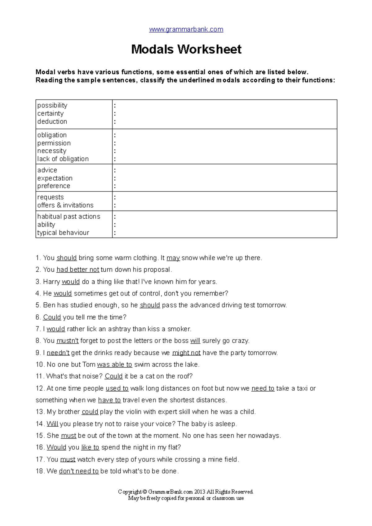 Modals-worksheet - Repaso - grammarbank Modals Worksheet Modal verbs ...