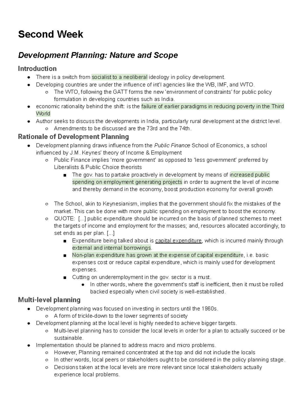 Copy of Public Policy Notes - Second Week Development Planning: Nature ...