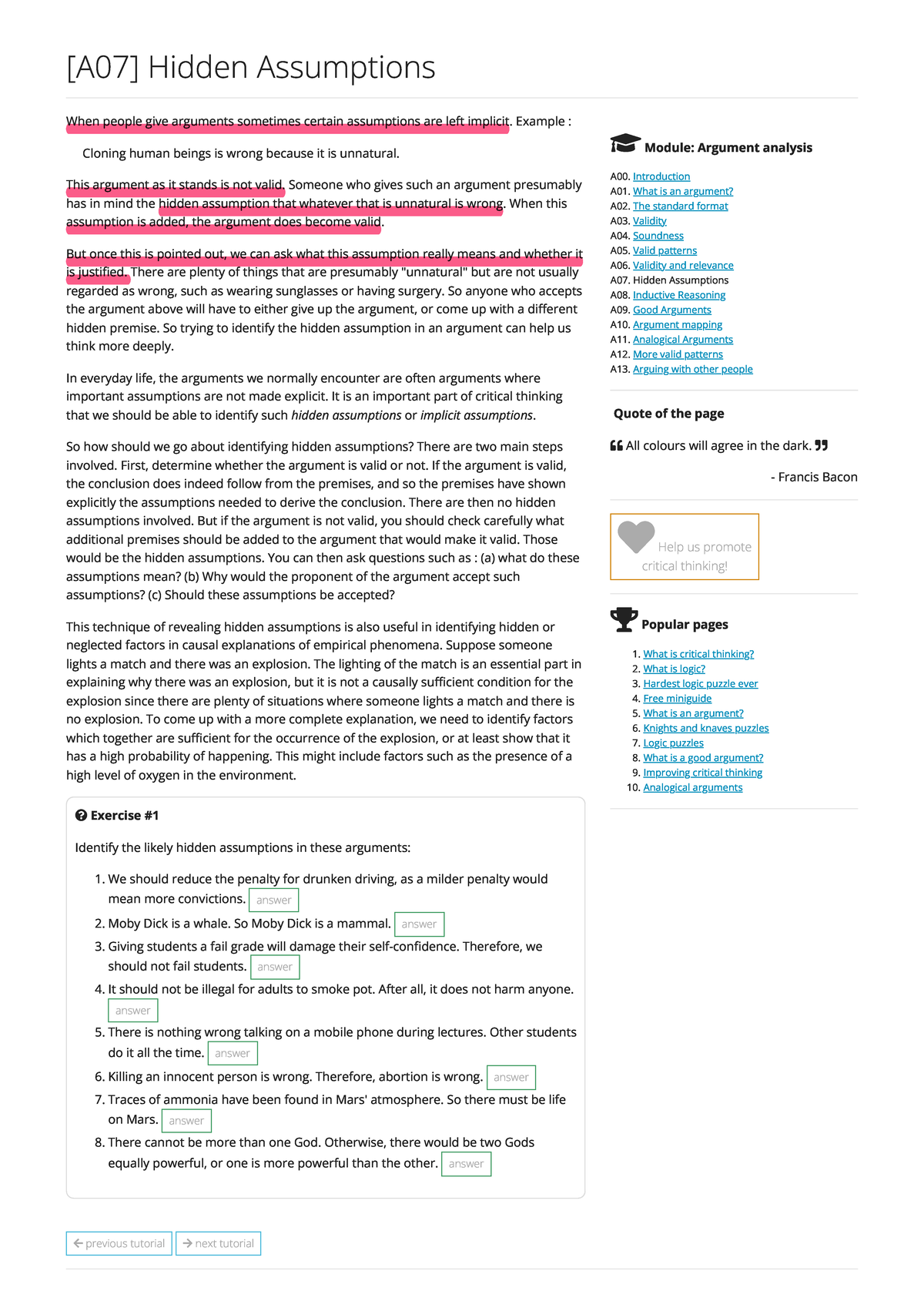 [A07] Hidden Assumptions - Introduction A01. What is an argument? A02 ...
