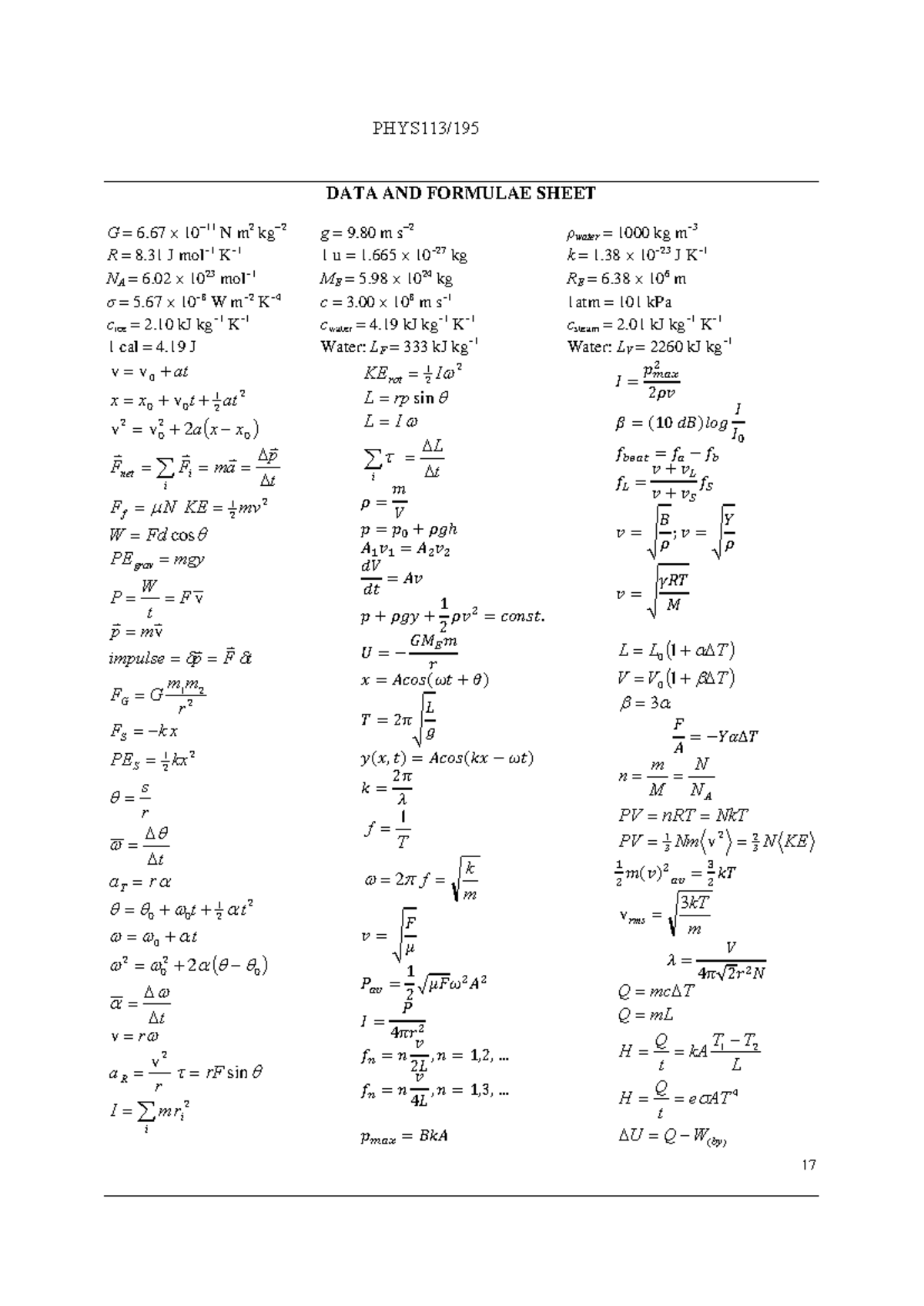 Formula sheet PHYS113 - it helps - 17 DATA AND FORMULAE SHEET G = 6 10 ...