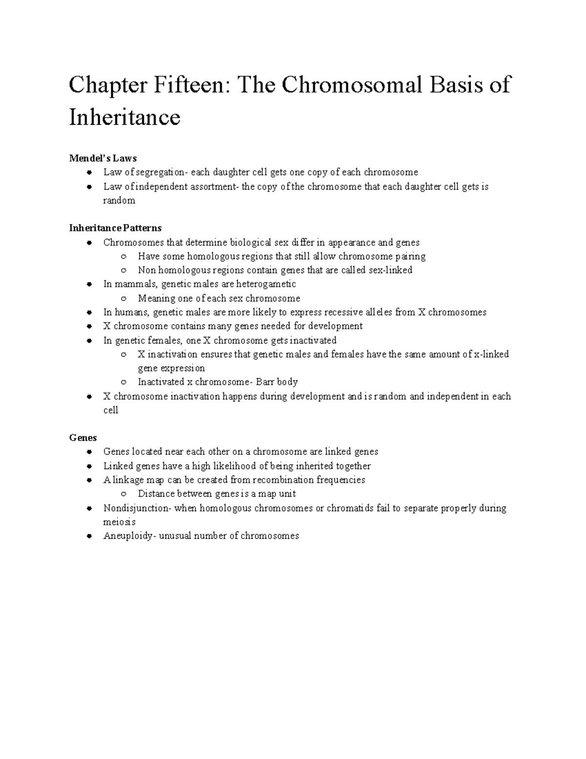 BI 211 Chapter 15 Notes - Chapter Fifteen: The Chromosomal Basis of ...