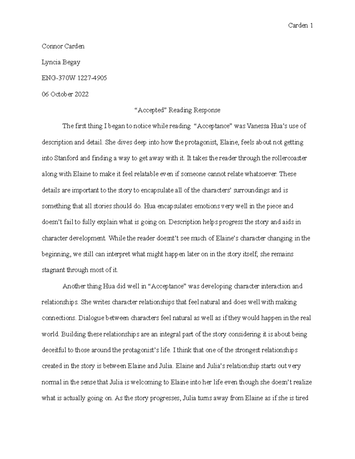 Accepted Reading Response - Carden 1 Connor Carden Lyncia Begay ENG ...