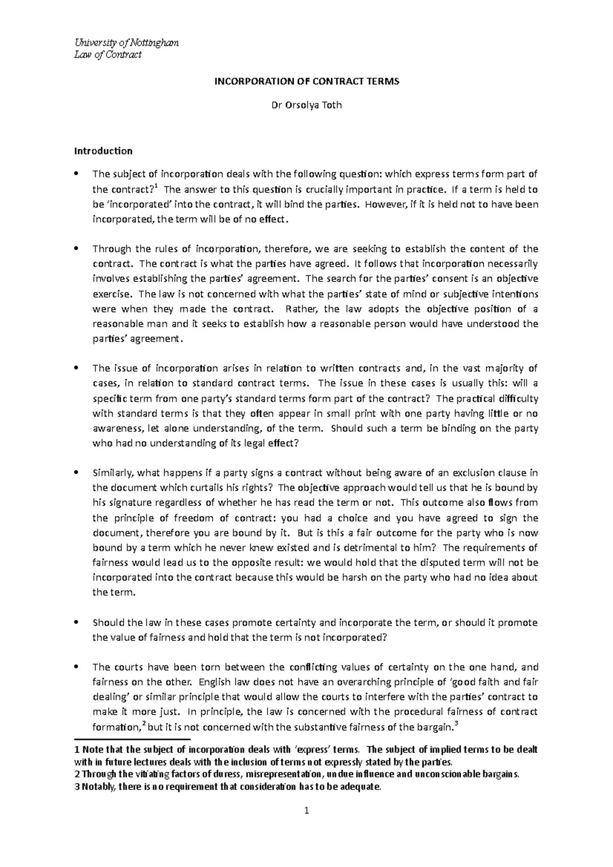 7 Incorporation of Contract Terms Lecture Notes - Law of Contract ...