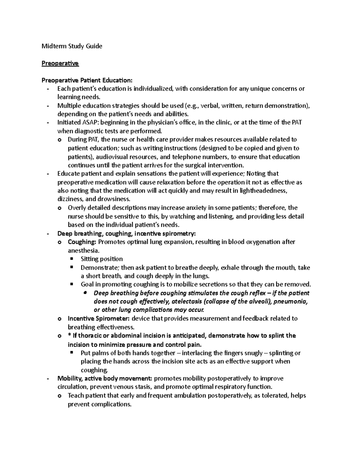 Med Surg Midterm Study Guide - Midterm Study Guide Preoperaive ...