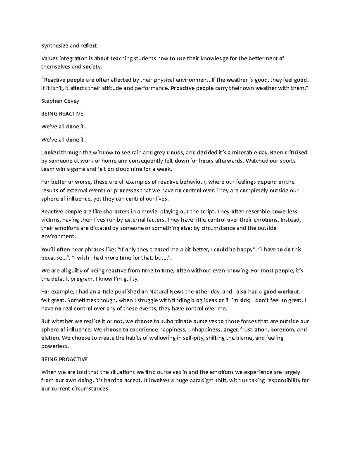 Synthesize and reflect - Synthesize and reflect Values integration is ...