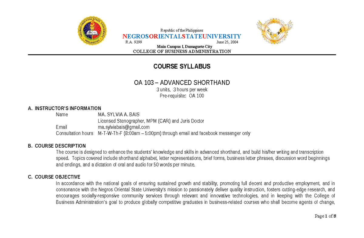 Course Syllabus - OA 103 Advanced Shorthand - Republic of the ...