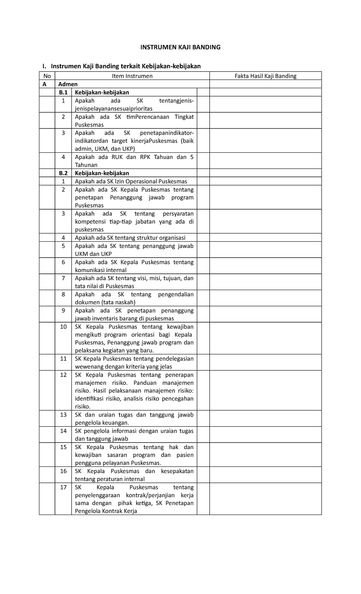 Instrumen KAJI Banding - INSTRUMEN KAJI BANDING I. Instrumen Kaji Banding terkait - Studocu