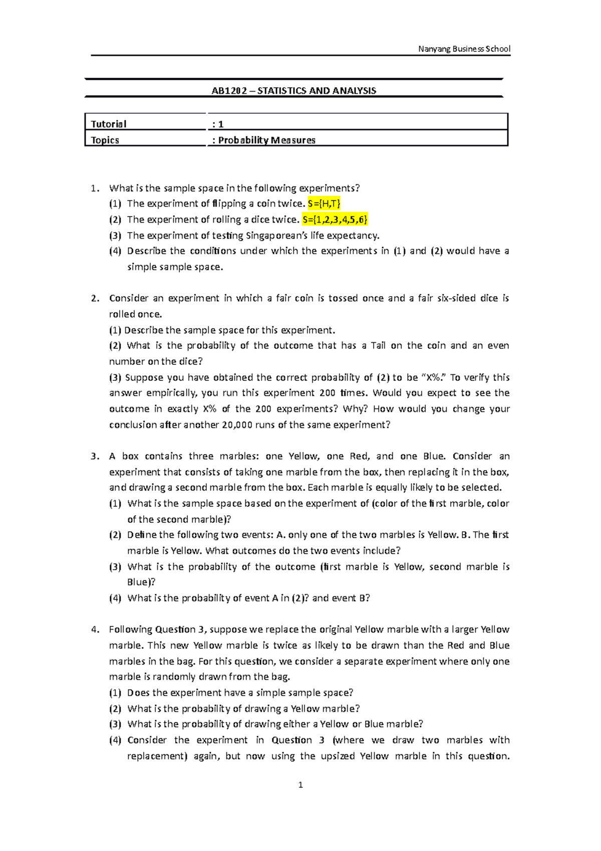 Week 1 Tutorial Materials - Nanyang Business School AB1202 – STATISTICS AND ANALYSIS Tutorial ...