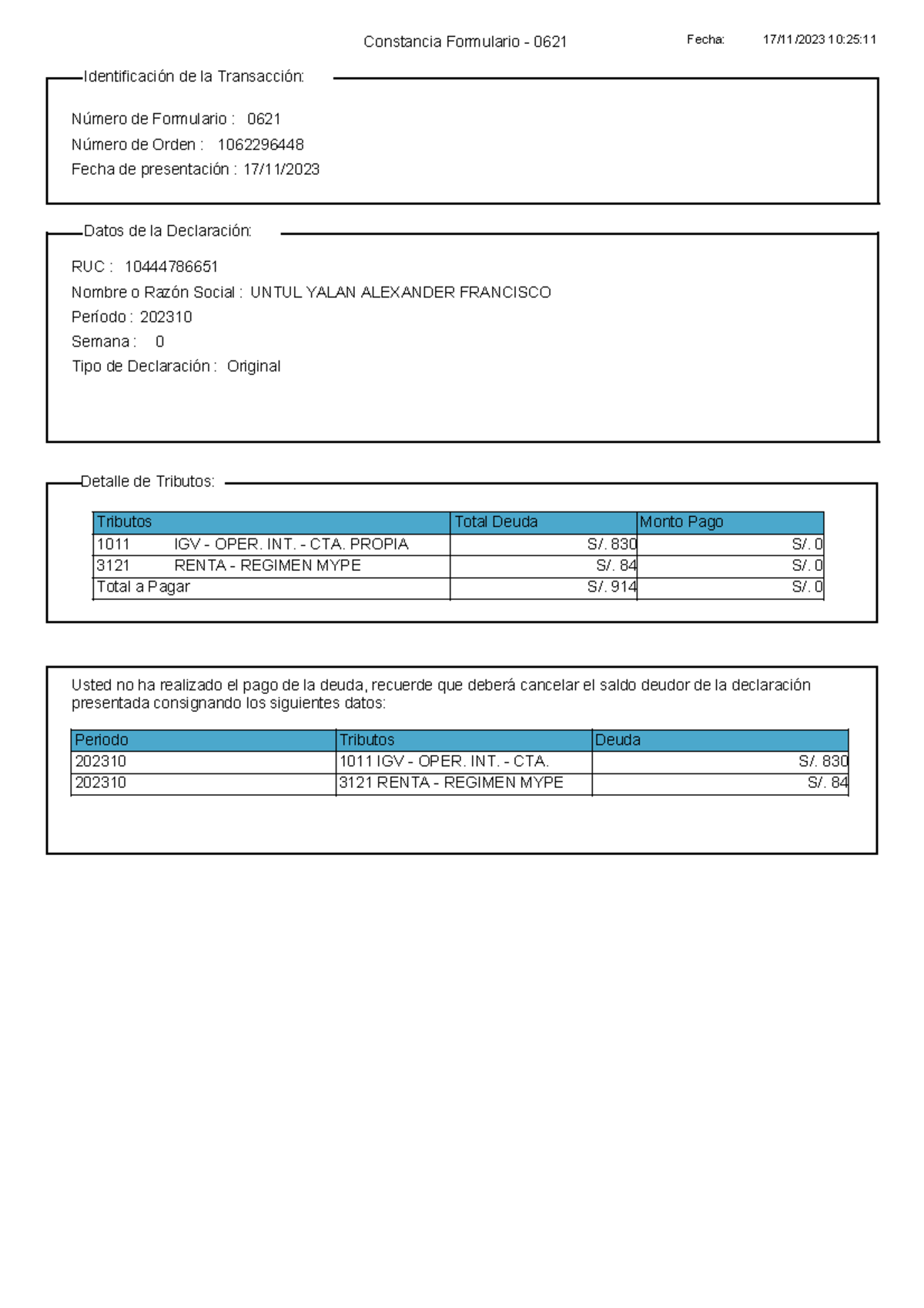 PDT-621 - DECLARACION - Constancia Formulario - 0621 Fecha: 17/11/2023 ...