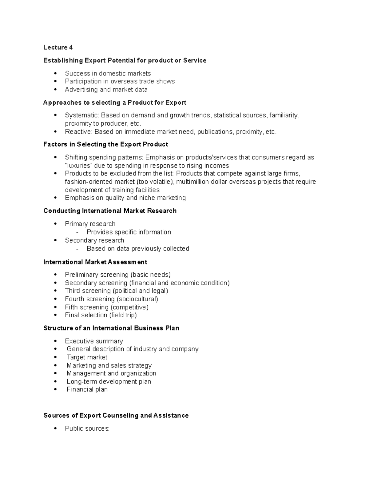 Lecture notes, lectures 4-5 - Lecture 4 Establishing Export Potential ...
