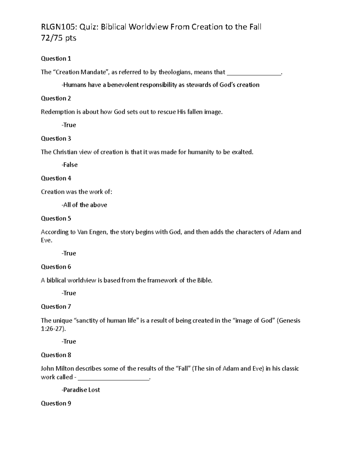 RLGN105-Quiz-Biblical WOrldview from Creation to the Fall - RLGN105 ...