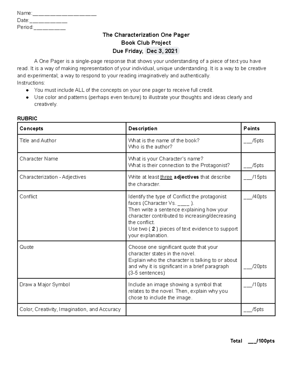 Dylan Cao - Honors Book Club Characterization One Pager - Name ...