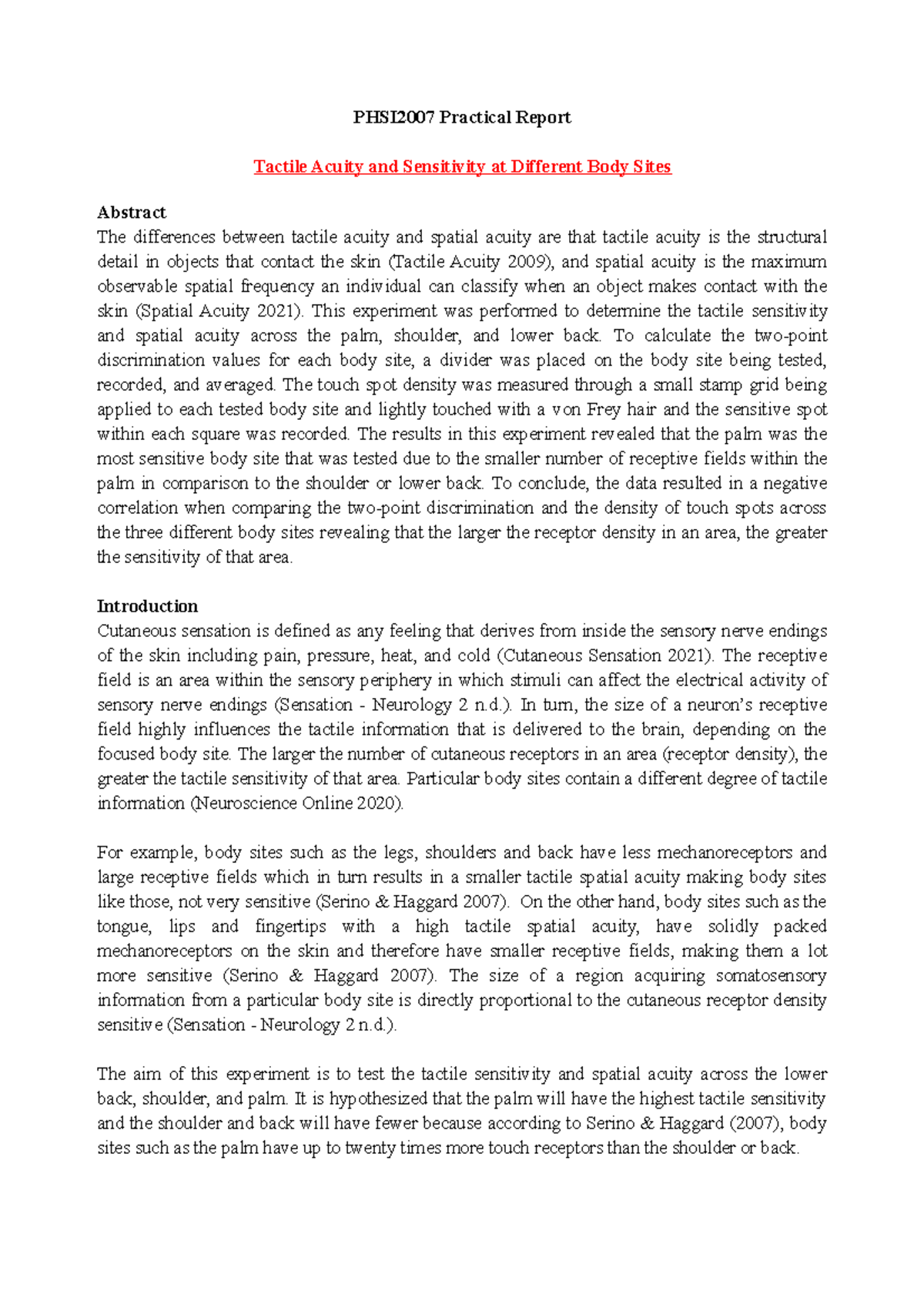 PHSI2007 Practical Report - PHSI2007 Practical Report Tactile Acuity ...