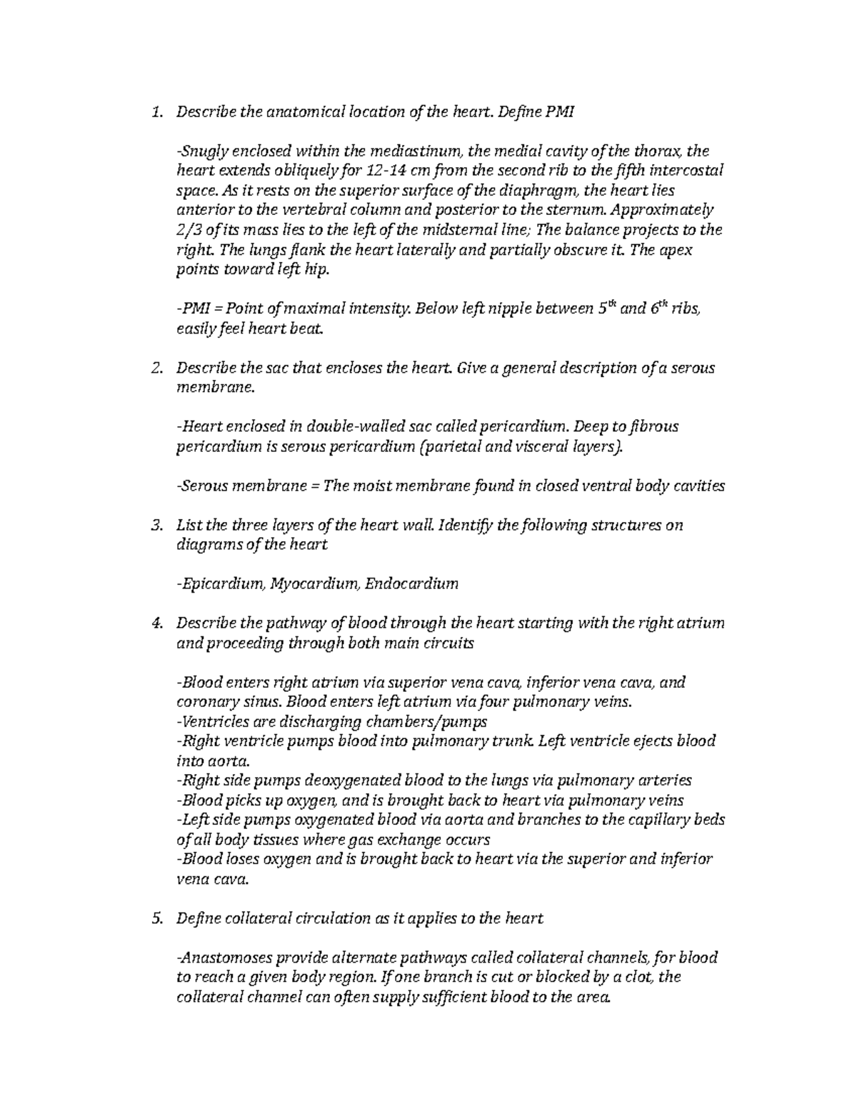 Ch. 18 objectives - 1. Describe the anatomical location of the heart ...