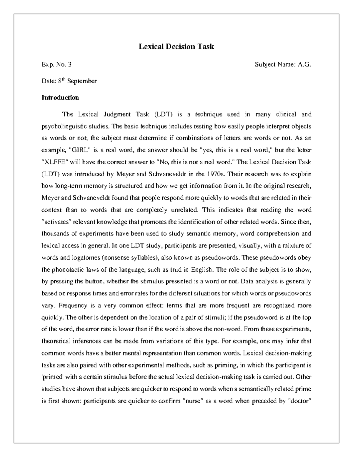 Lexical Decision Report-1930127 - Lexical Decision Task Exp. No. 3 ...