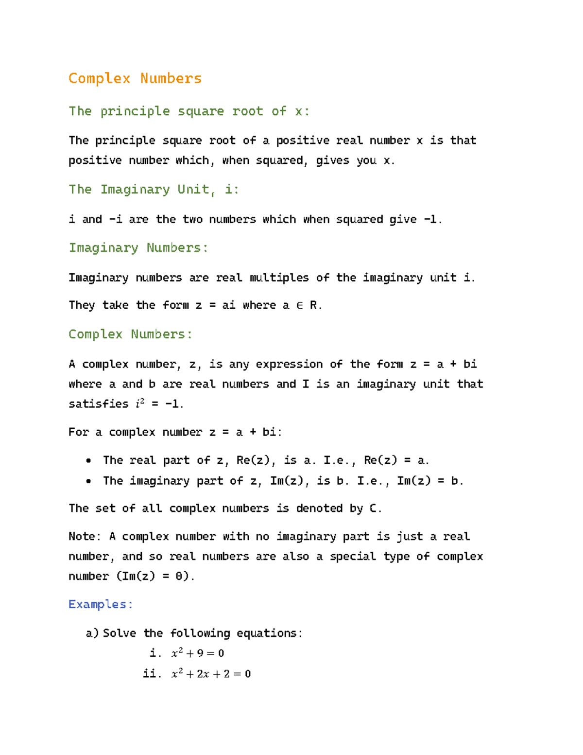 Notes S2 W7 - Complex Numbers - Complex Numbers The principle square ...