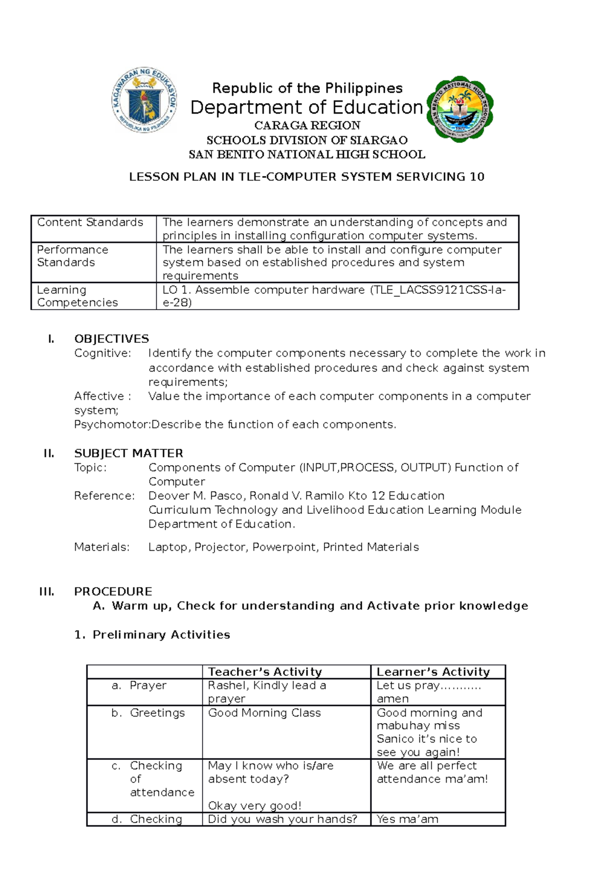Lesson PLAN IN TLE CSS - Republic of the Philippines Department of ...