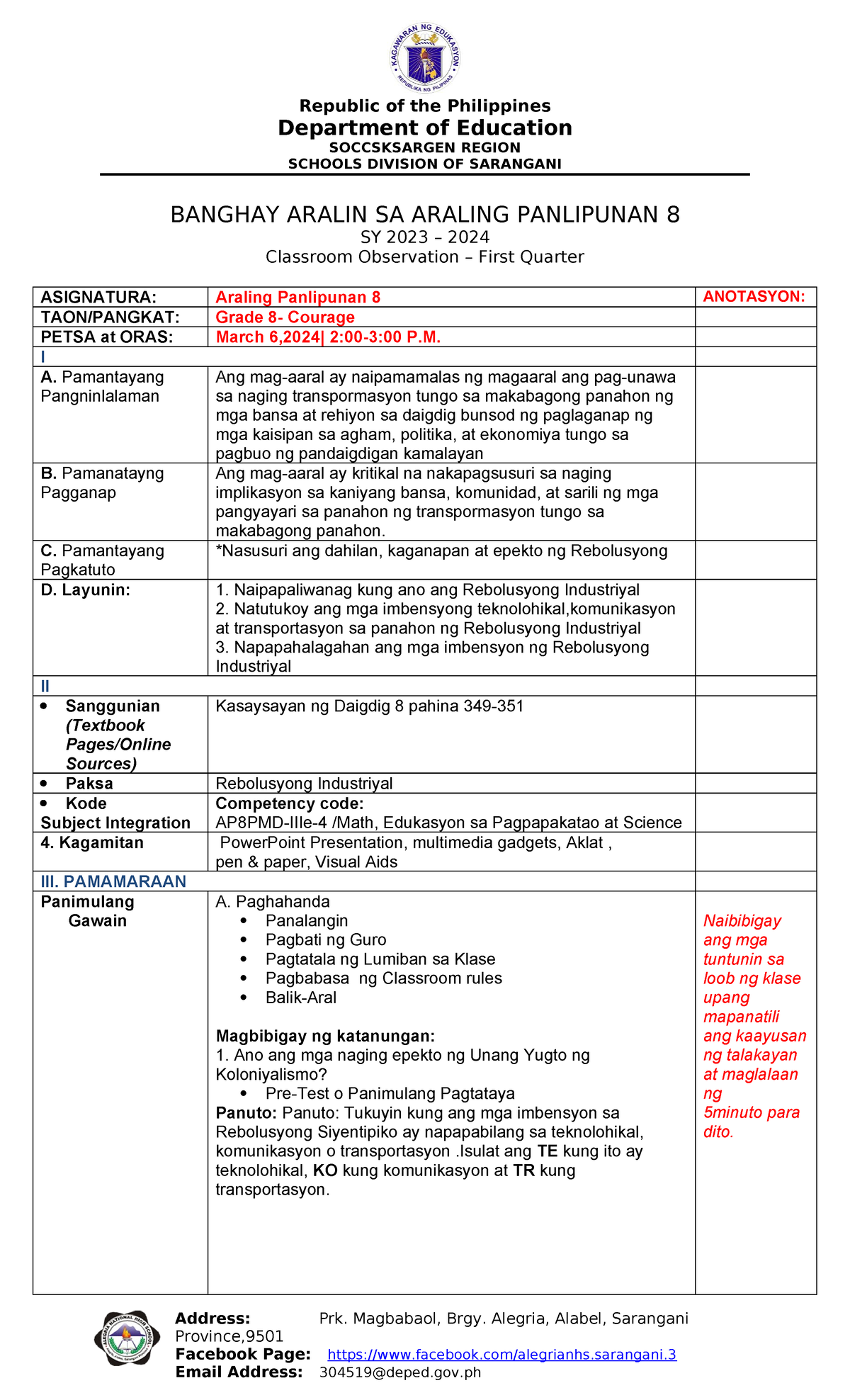 Classroom-Observation-3 - Address: Prk. Magbabaol, Brgy. Alegria ...