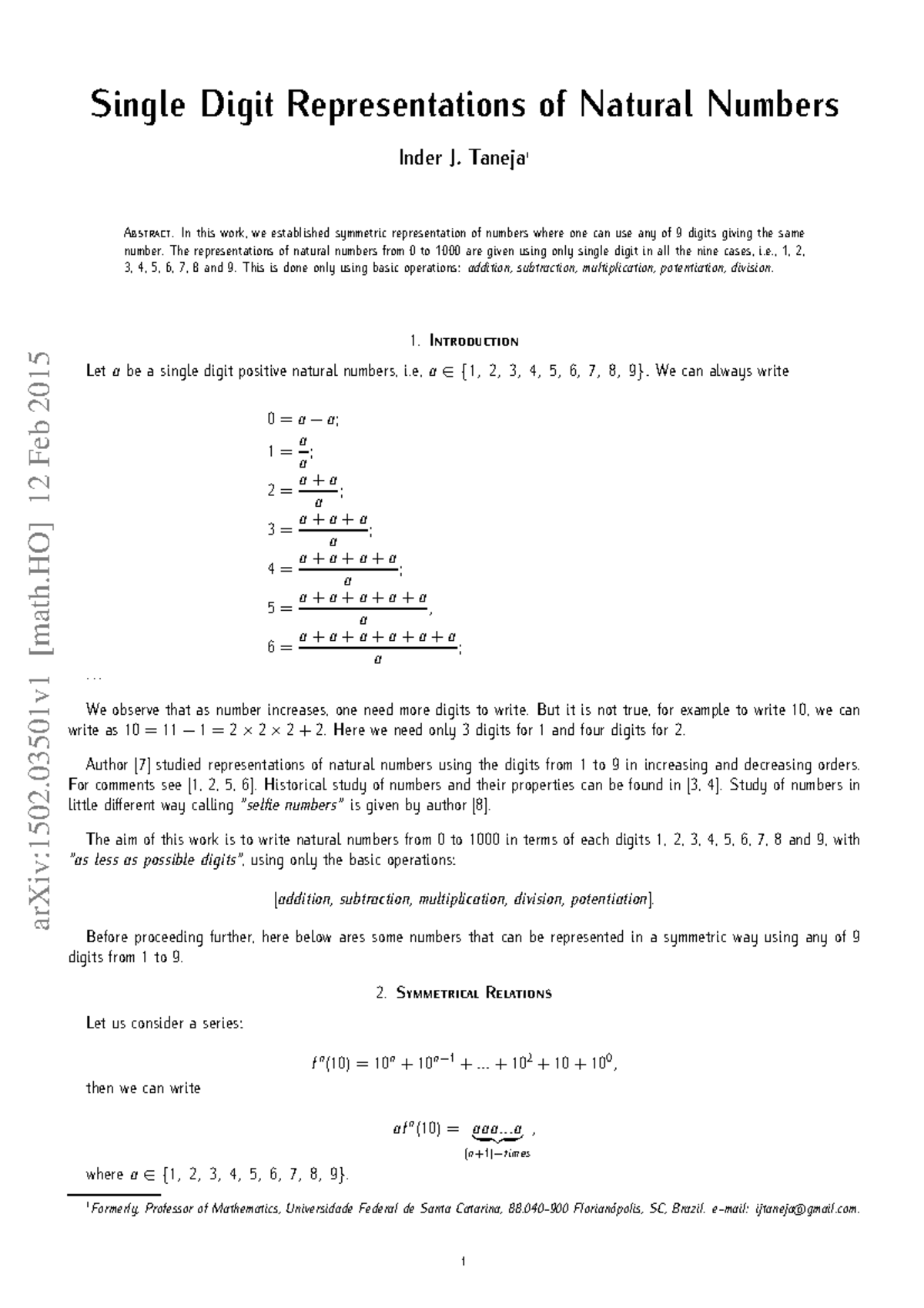 Single digit representation of natural numbers Taneja - arXiv:1502 ...