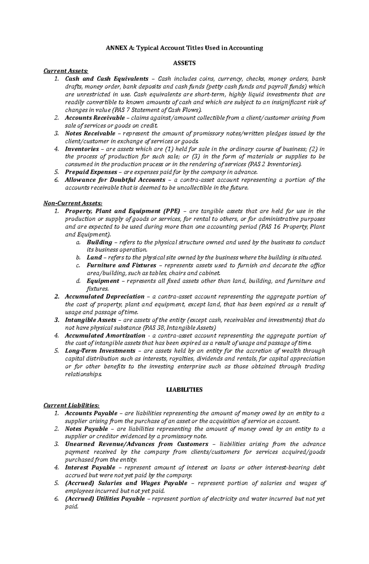 Module 2 Annex - Sample Accounts with definition - ANNEX A: Typical ...